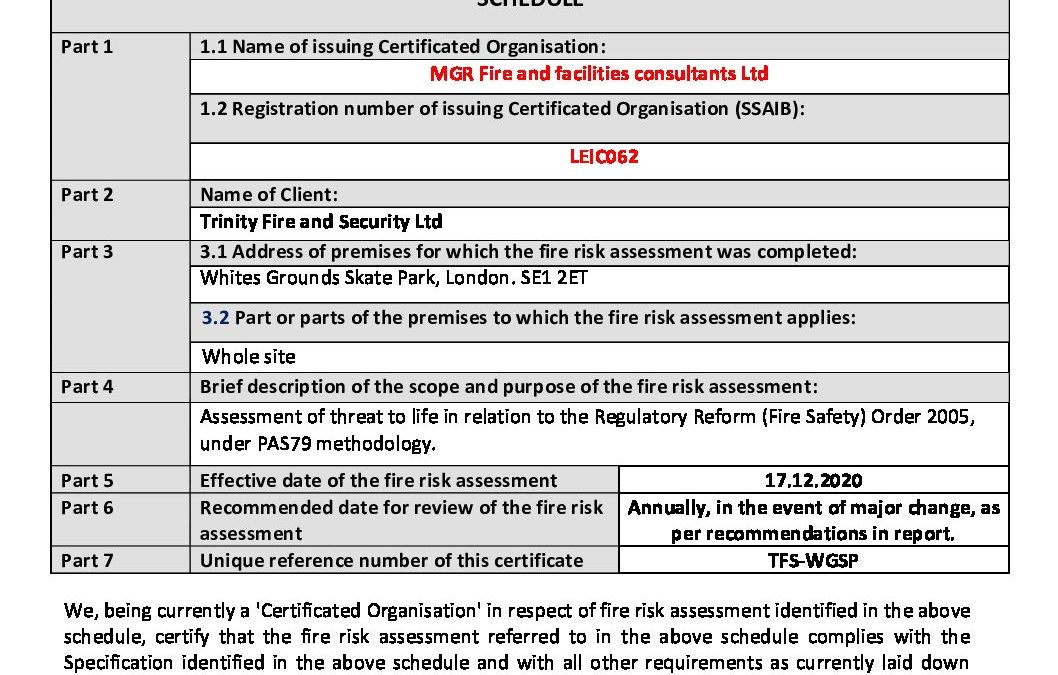 BAFE – conformity certificate – Whites Grounds Skate Park | MGR Fire ...